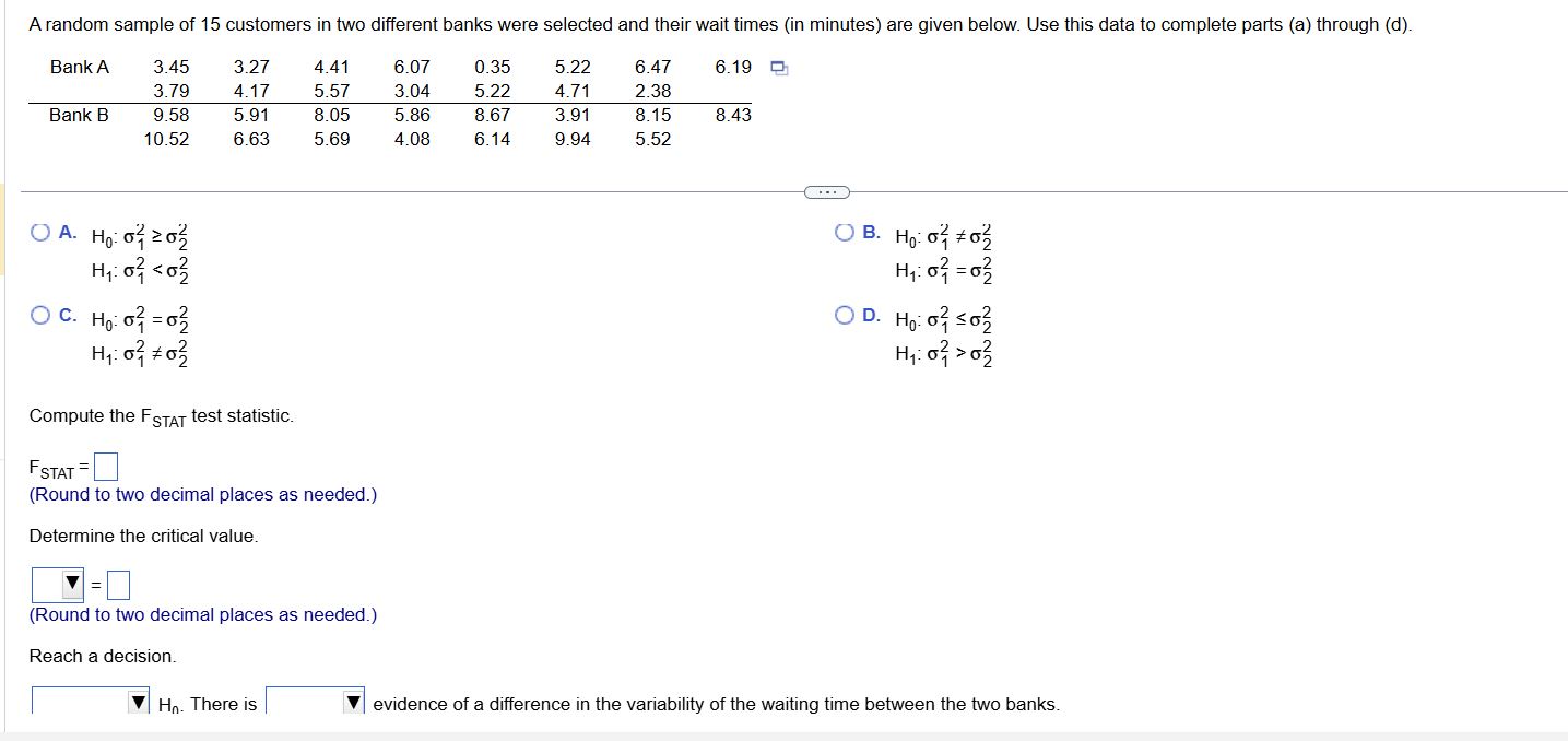 Solved A random sample of 15 ﻿customers in ﻿two different | Chegg.com