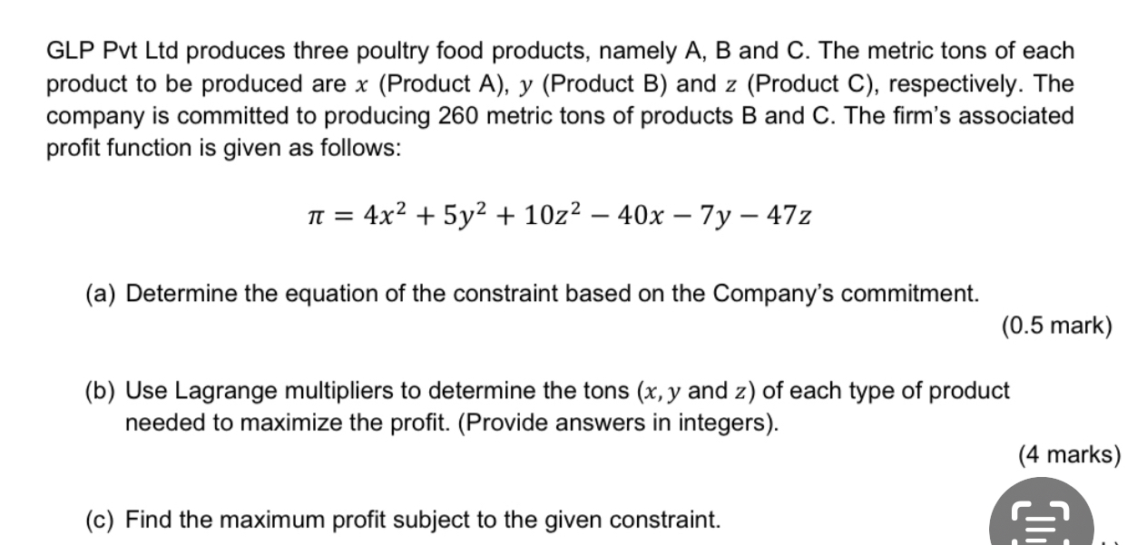 Solved GLP Pvt Ltd produces three poultry food products, | Chegg.com