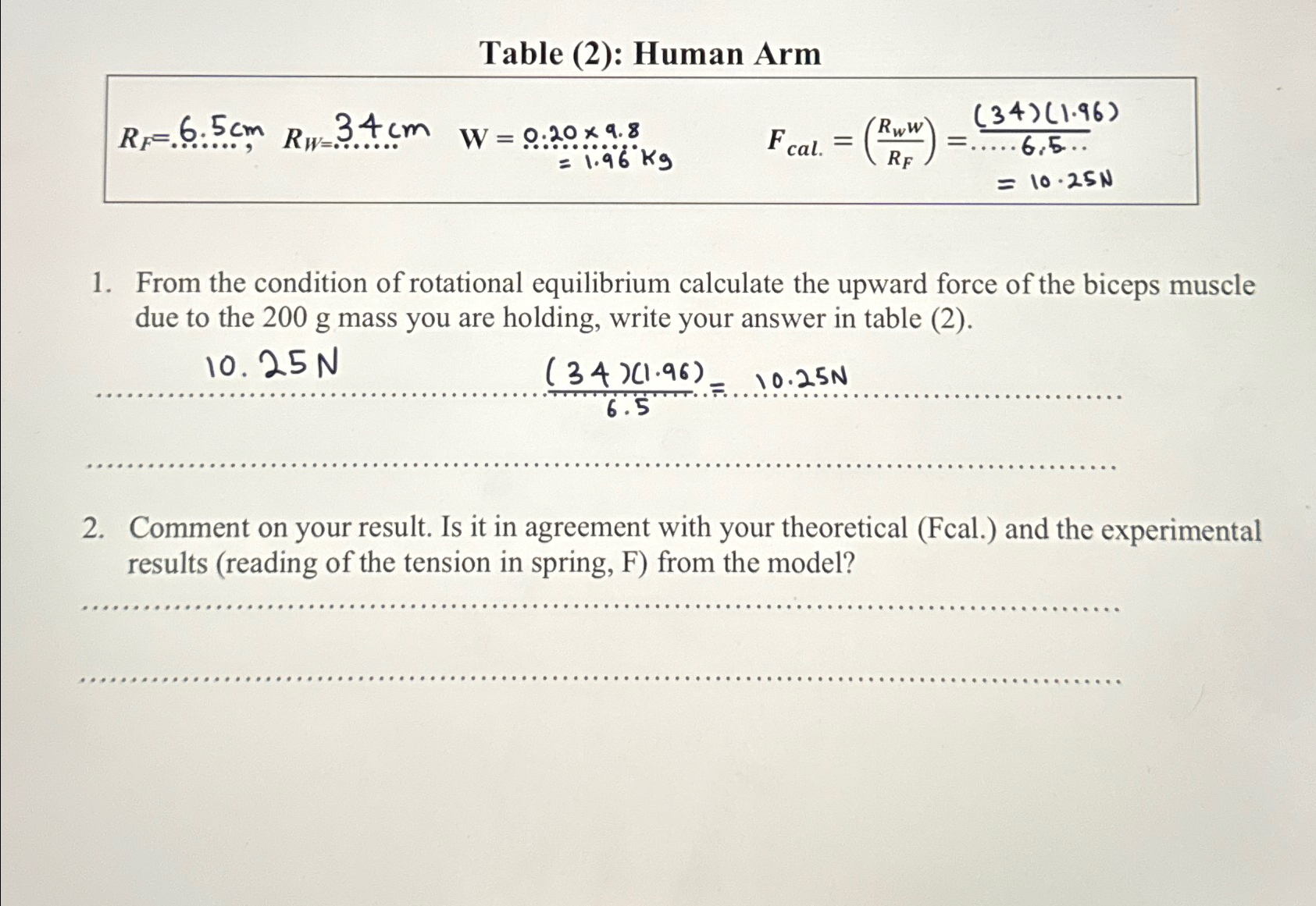 Solved Table (2): Human Arm{:=10.25NFrom the condition of | Chegg.com