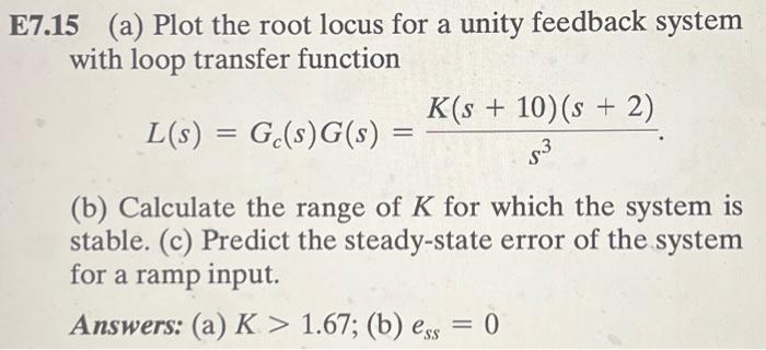 Solved E7.15 (a) Plot the root locus for a unity feedback | Chegg.com