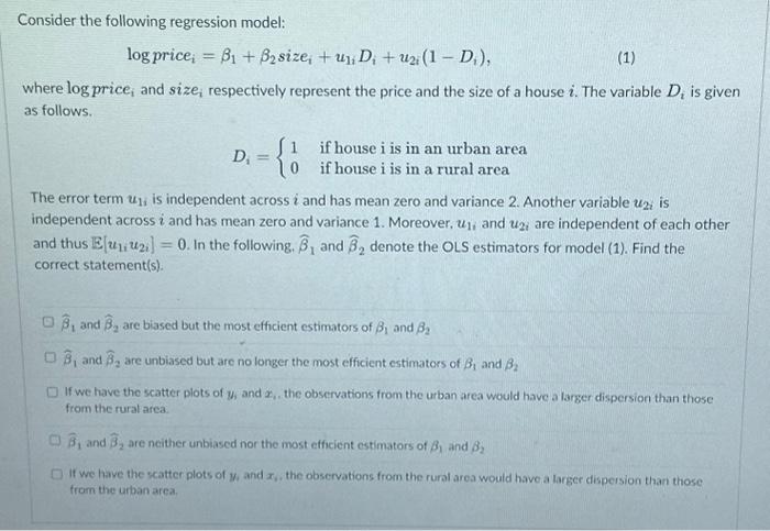 Solved Consider the following regression model: log price | Chegg.com