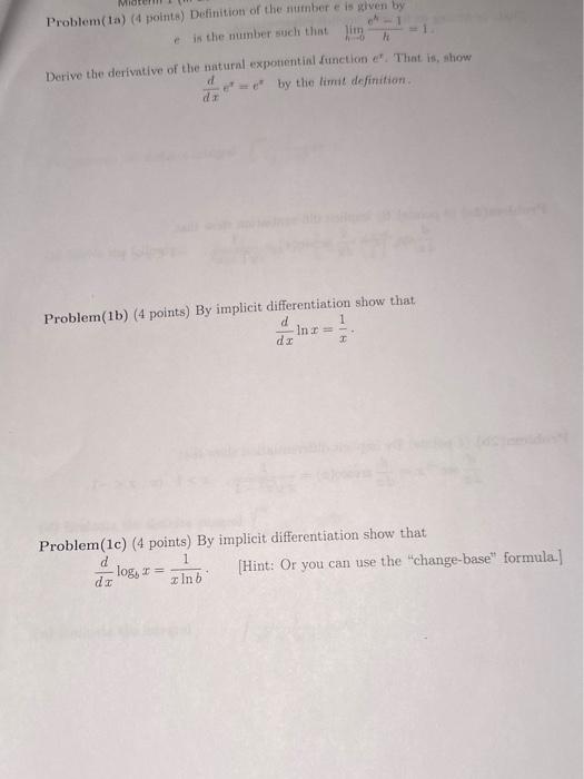 Solved Problem(ta) (4 points) Definition of the number e is | Chegg.com