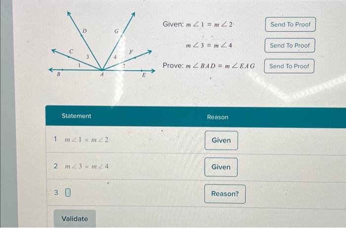 Solved Given: m∠1=m∠2. m∠3=m∠4 Prove: m∠BAD=m∠EAGGiven | Chegg.com