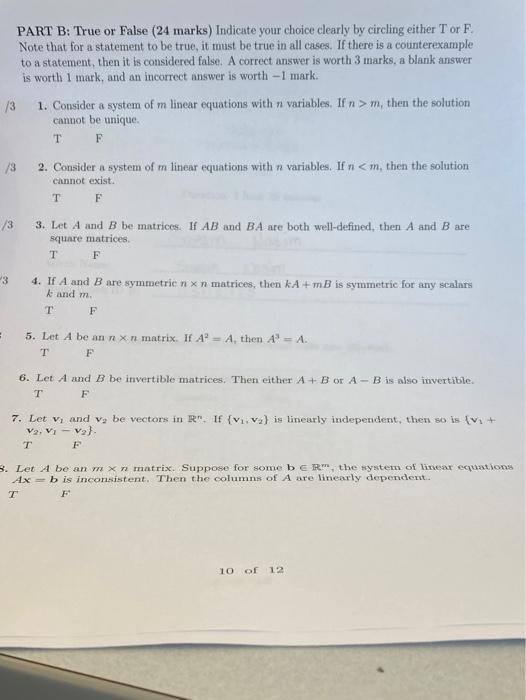 Solved PART B: True or False (24 marks) Indicate your choice | Chegg.com