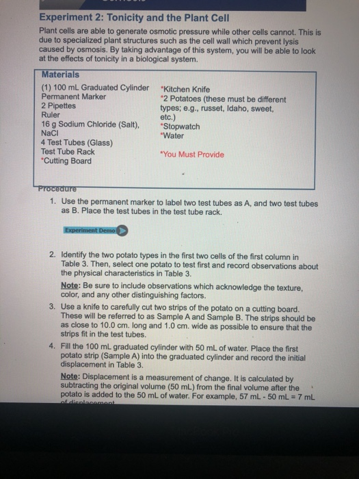 Experiment 2: Tonicity and the Plant Cell Plant cells | Chegg.com