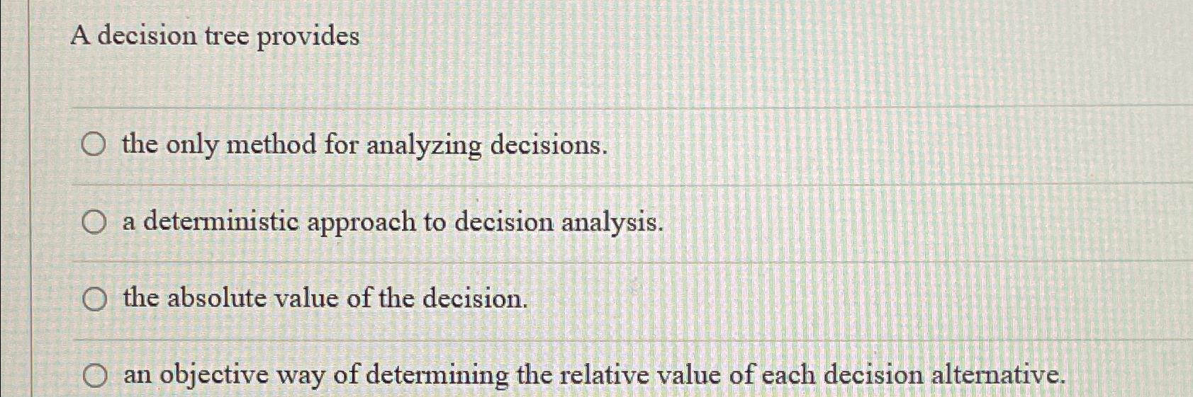 Solved A decision tree providesthe only method for analyzing | Chegg.com