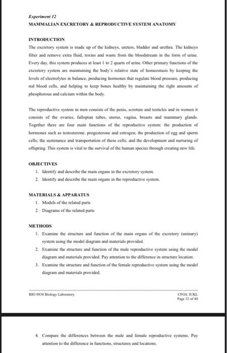 Experiment 12 MAMMALIAN EXCRETORY \& REPRODUCTIVE | Chegg.com