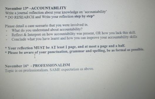 Solved November 13º -ACCOUNTABILITY Write a journal | Chegg.com