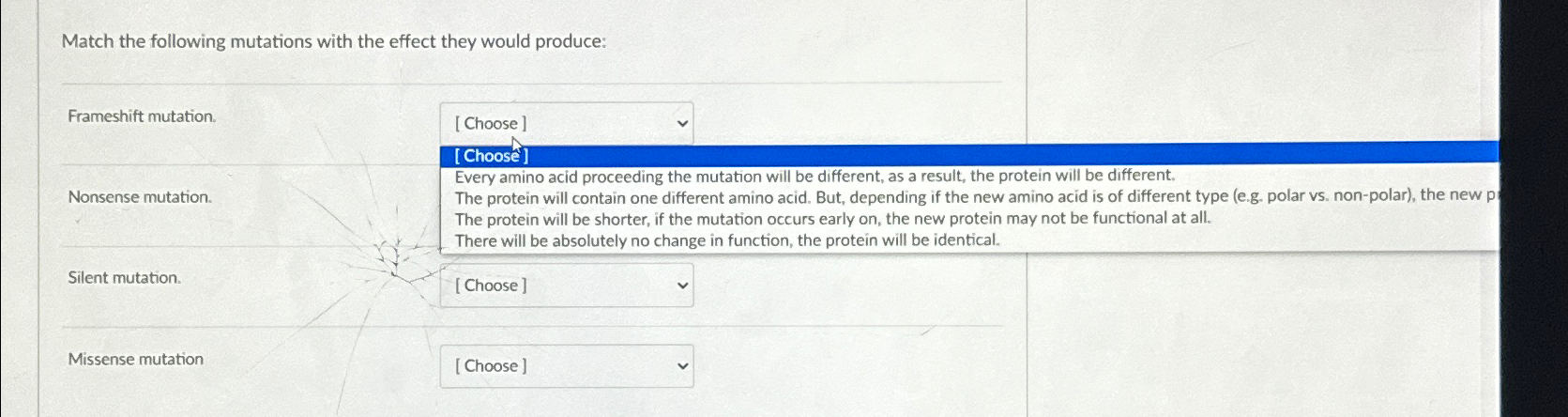 Solved Match the following mutations with the effect they | Chegg.com