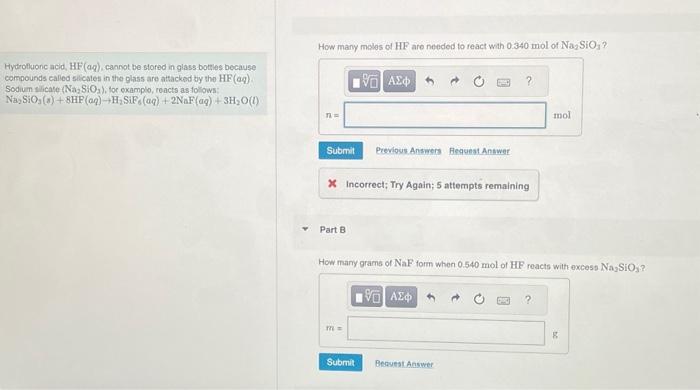 Solved How many moles of HF are needed to react with 0.340 | Chegg.com