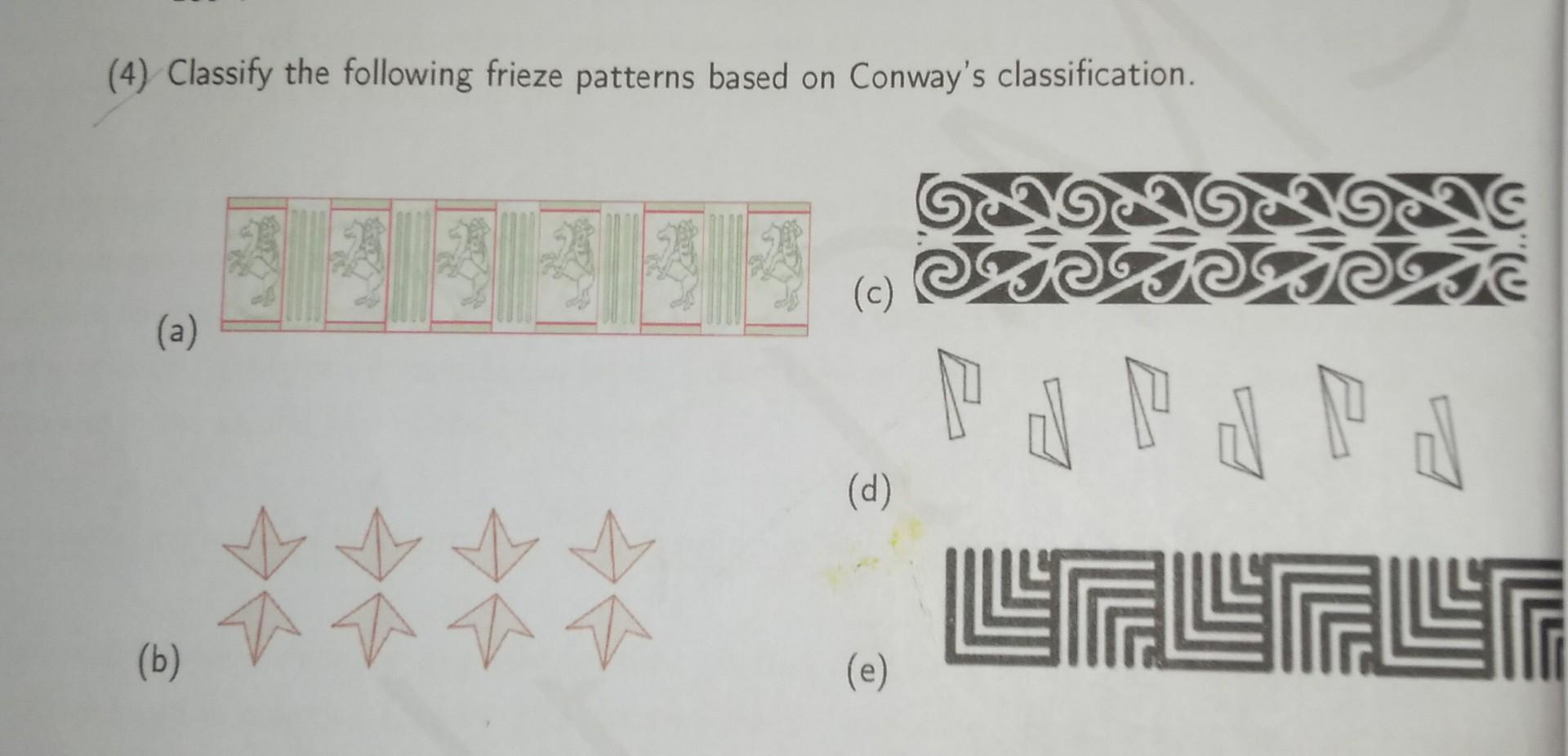 Solved (4) Classify the following frieze patterns based on | Chegg.com Solved (4) Classify the following frieze patterns based on | Chegg.com