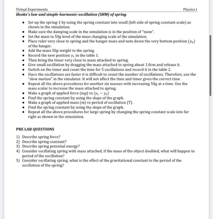 Physics Virtual Experiments LAB 7 HOOKE'S LAW AND | Chegg.com