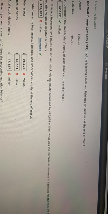 Solved Print Item Accounting Equation The Walt Disney | Chegg.com