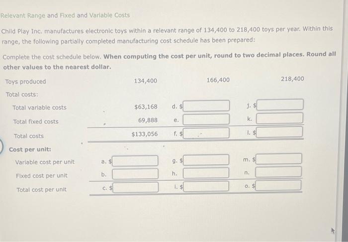 Solved Relevant Range and Fixed and Variable costs Child | Chegg.com