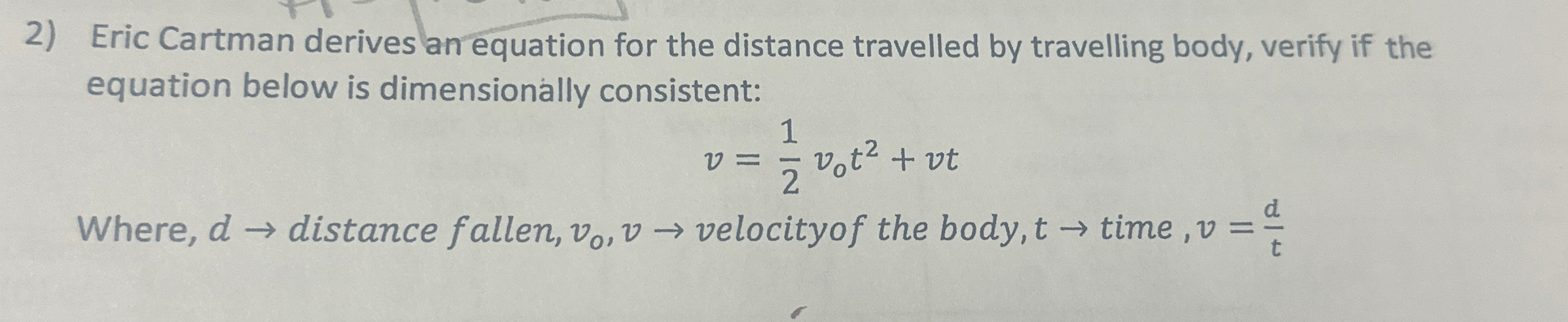 Eric Cartman derives an equation for the distance | Chegg.com