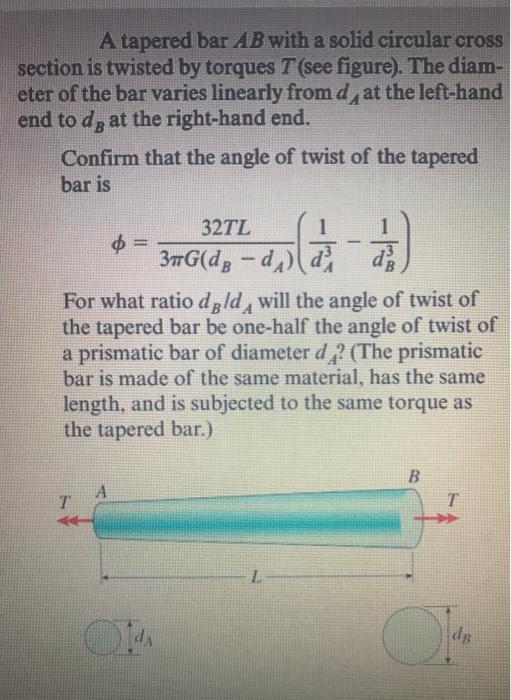 Solved A tapered bar AB with a solid circular cross section | Chegg.com