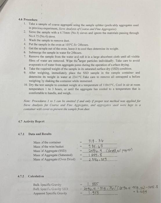 Solved EXPERTMENT 4-A SPECIFIC GRAVITY AND ABSORPTION OF | Chegg.com