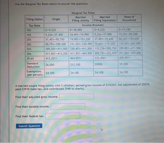 Solved Use the Marginal Tax Rates below to answer the | Chegg.com