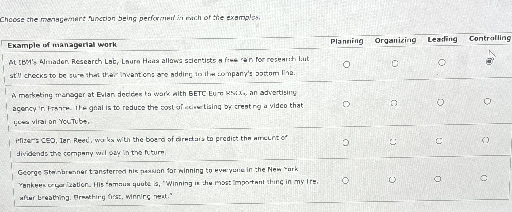 Solved Choose the management function being performed in | Chegg.com
