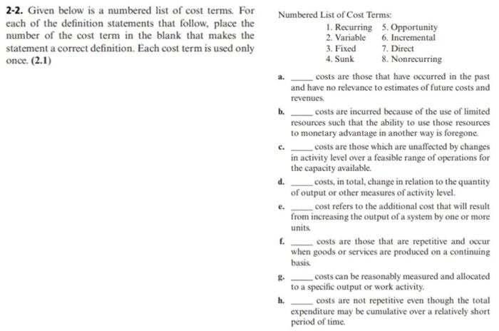 Solved 2-2. Given below is a numbered list of cost terms. | Chegg.com