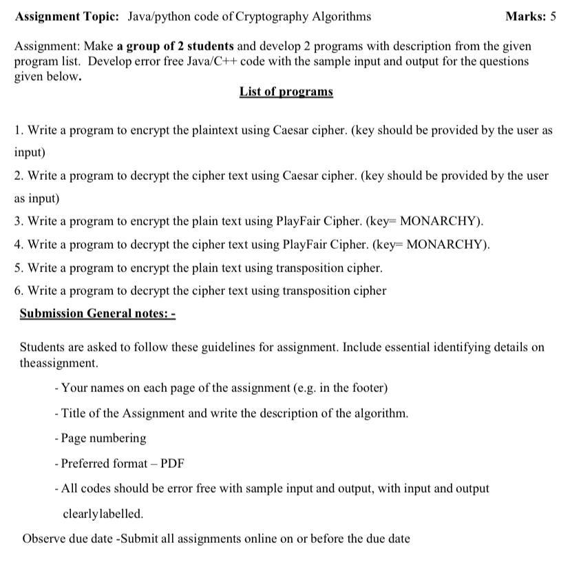 Solved Assignment Topic: Java/python code of Cryptography | Chegg.com