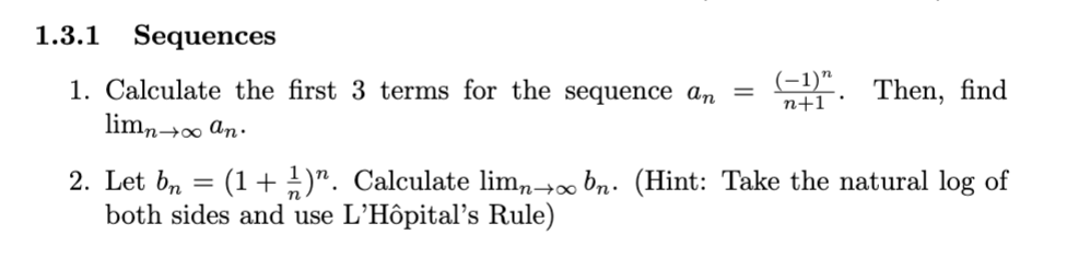 Solved 1.3.1 ﻿SequencesCalculate the first 3 ﻿terms for the | Chegg.com