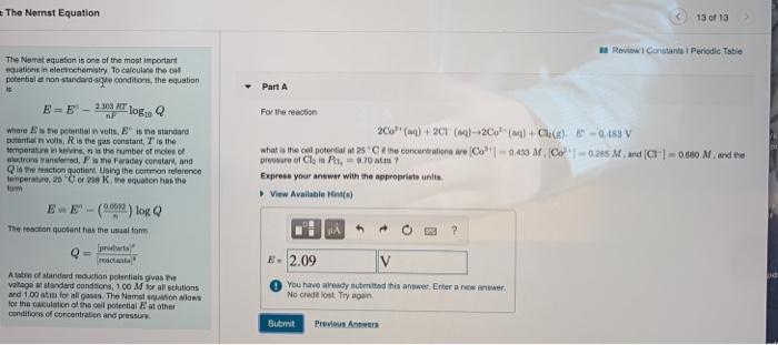 Solved The Nernst Equation 13 of 13 Review Constants | Chegg.com