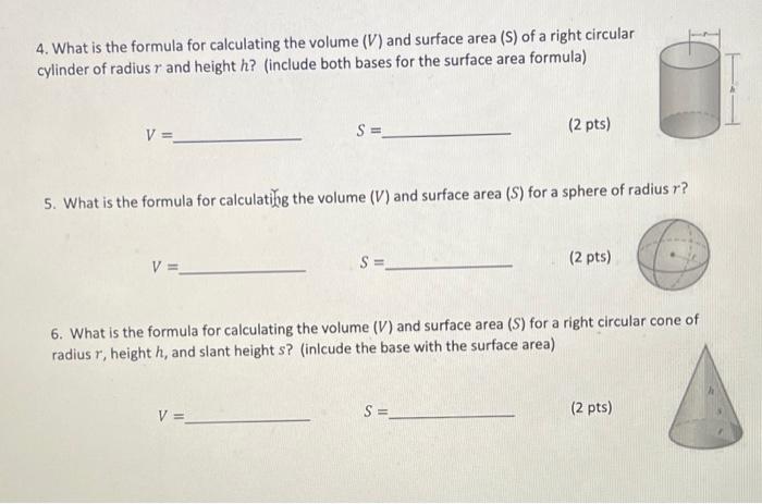 Solved 4. What is the formula for calculating the volume (V) | Chegg.com
