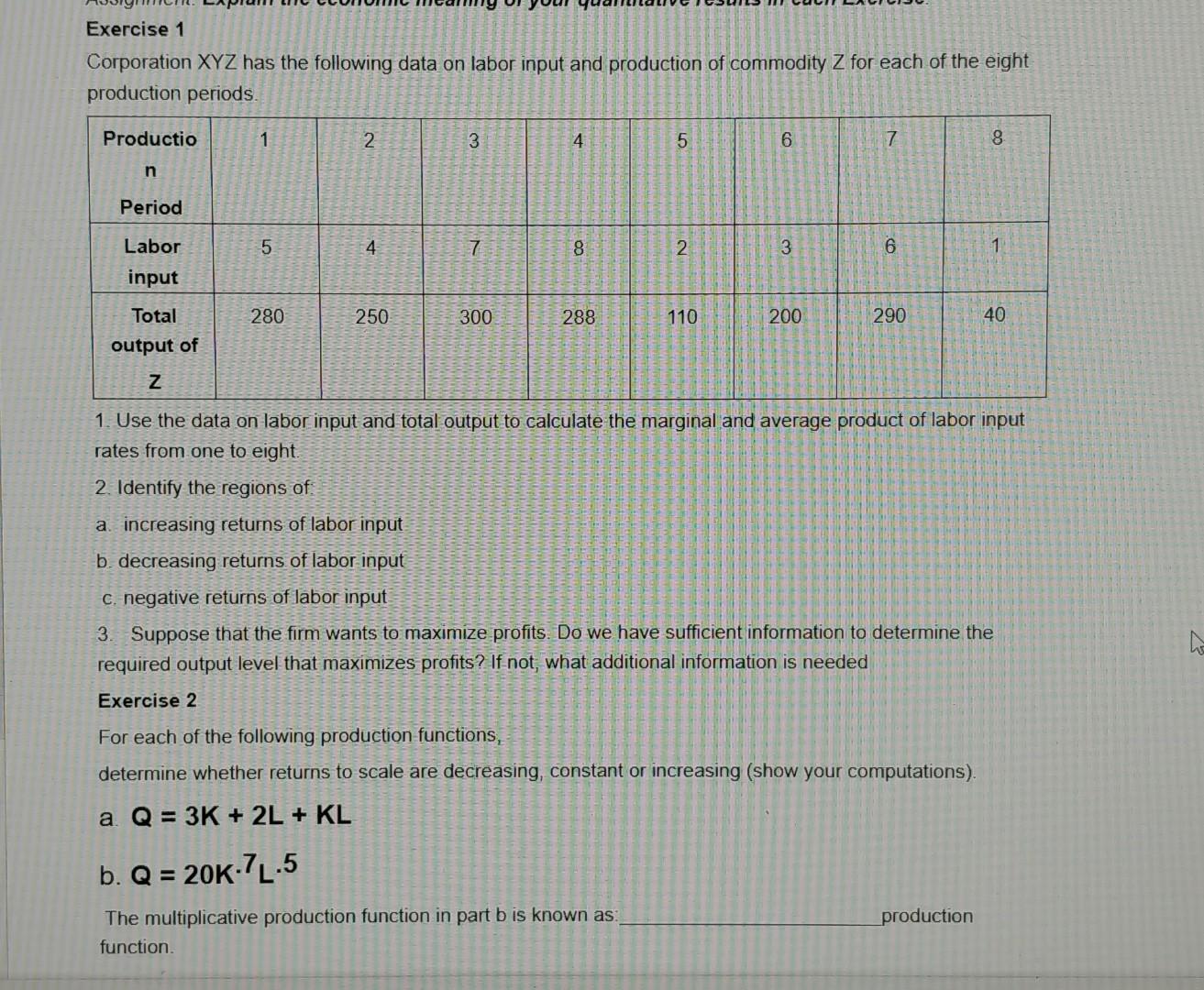 Solved Corporation XYZ has the following data on labor input | Chegg.com