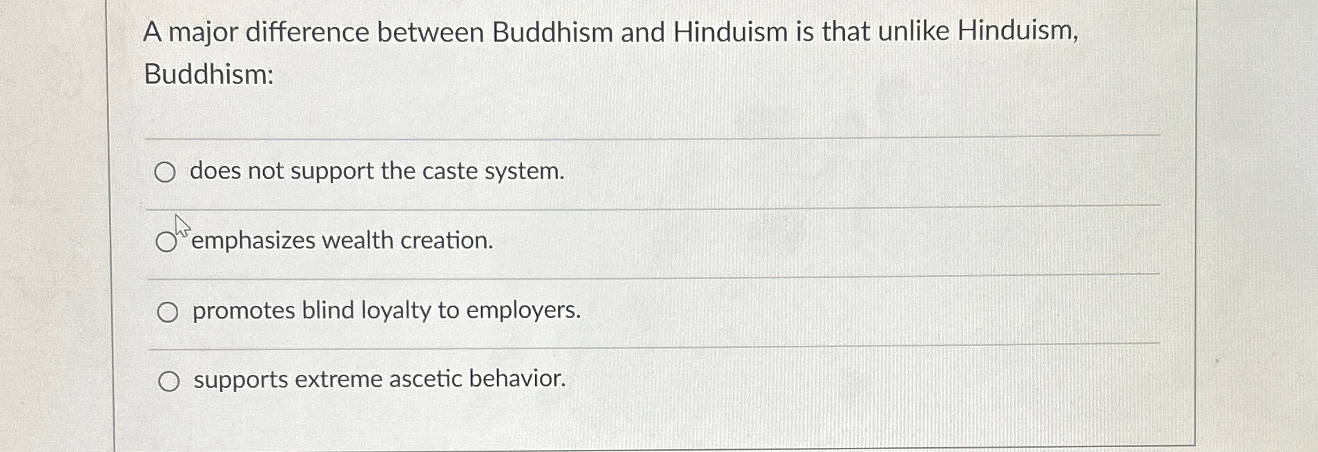 A major difference between Buddhism and Hinduism is | Chegg.com