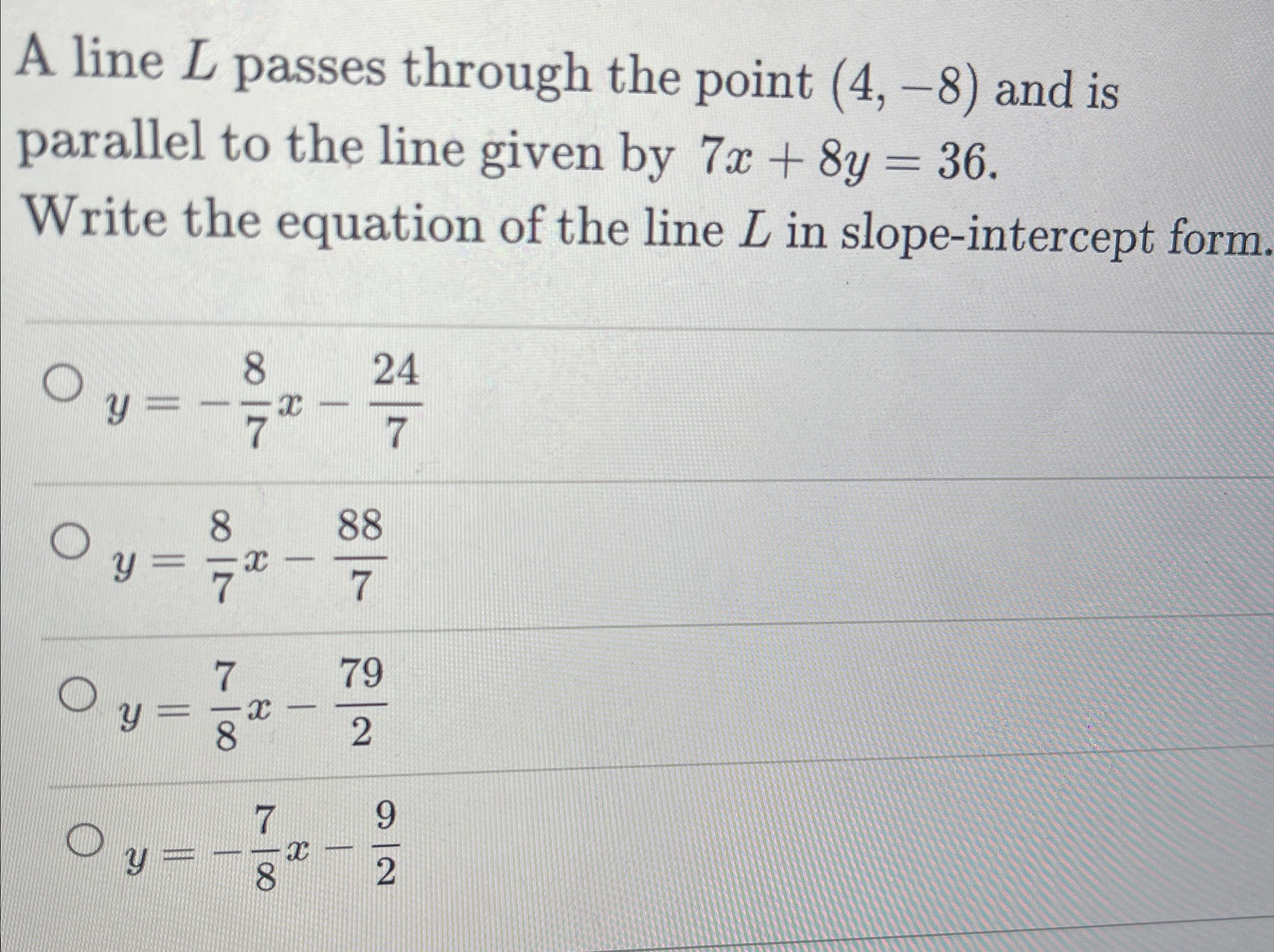 Solved A line L ﻿passes through the point (4,-8) ﻿and is | Chegg.com