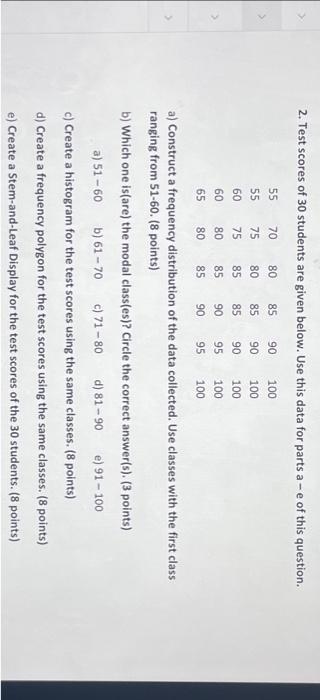Solved > 2. Test scores of 30 students are given below. Use | Chegg.com