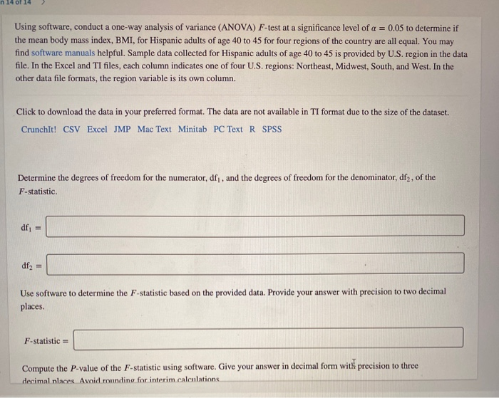 n 14 of 14 ) Using software, conduct a one-way | Chegg.com