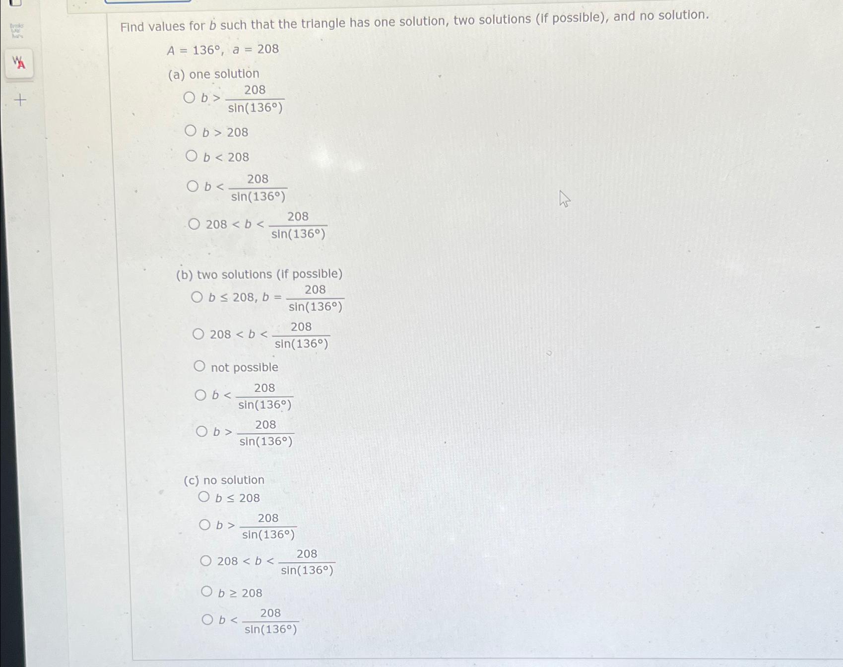 Solved Find values for b ﻿such that the triangle has one | Chegg.com