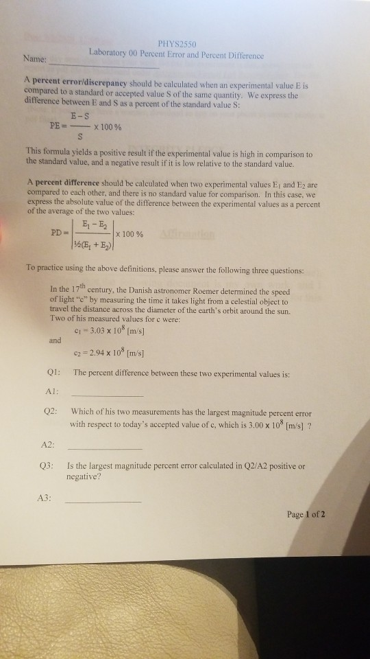 Solved PHYS2550 Laboratory 00 Percent Error and Percent | Chegg.com