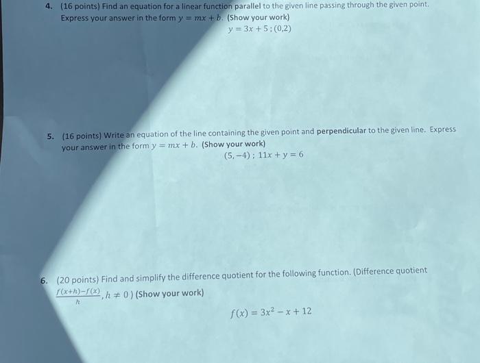 Solved 4. (16 points) Find an equation for a linear function | Chegg.com