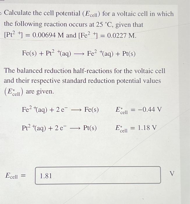 Solved Calculate The Cell Potential Ecell For A Voltaic