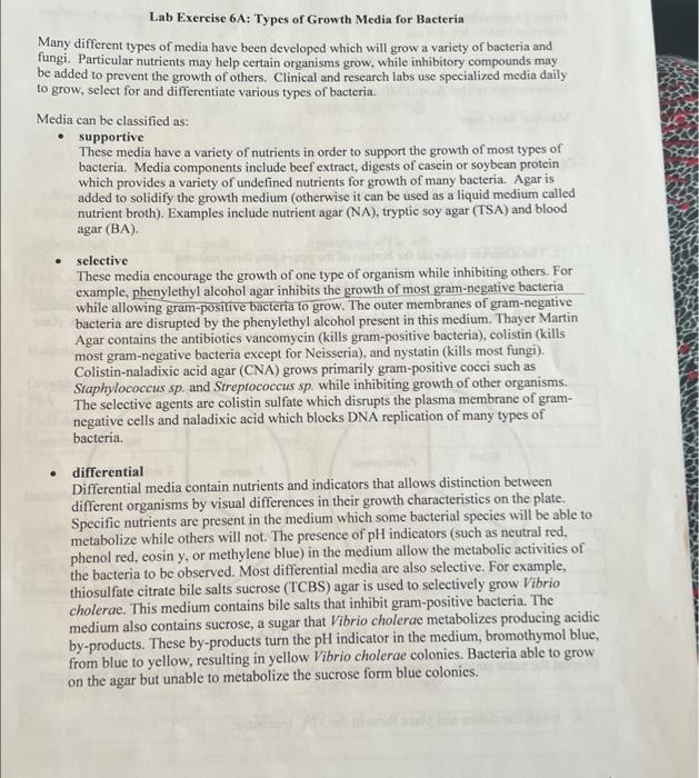 Solved Lab Exercise 6A: Types of Growth Media for Bacteria | Chegg.com