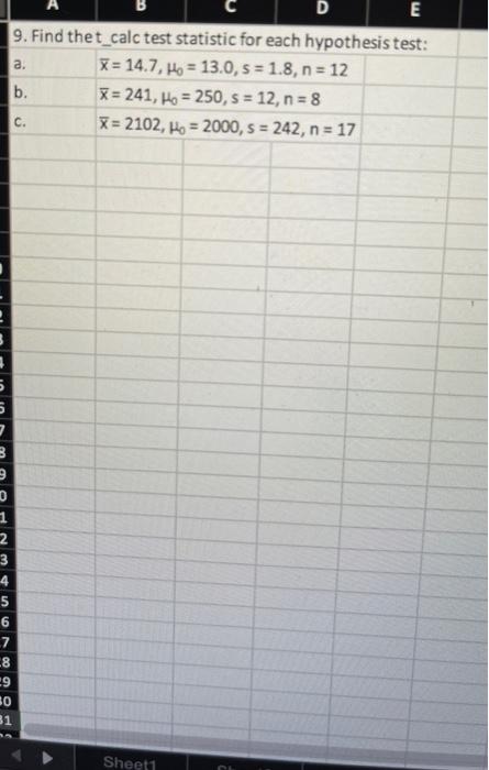 Solved 9. Find the t_calc test statistic for each hypothesis | Chegg.com