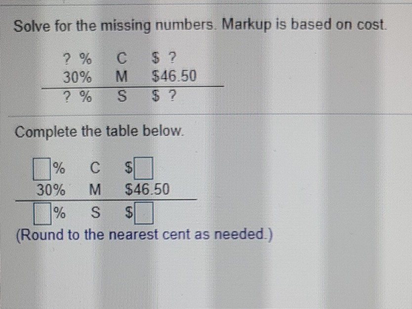 Solved Solve for the missing numbers. Markup is based on | Chegg.com