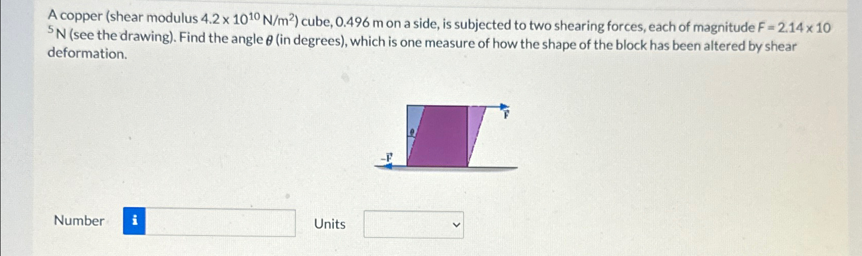 Solved A copper (shear modulus 4.2×1010Nm2 ) ﻿cube, 0.496m | Chegg.com