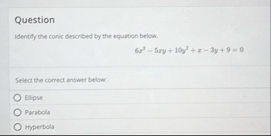 Solved QuestionIdentify the conic described by the equation | Chegg.com