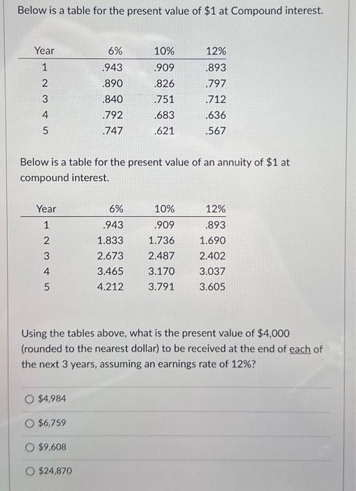 Solved Below is a table for the present value of $1 at | Chegg.com