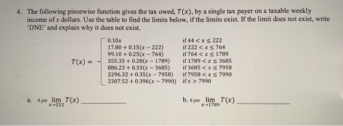 Solved 4. The following piecewise function gives the tax | Chegg.com