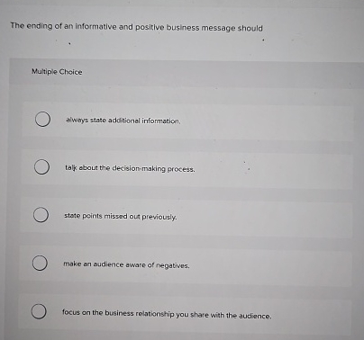 Solved The ending of an informative and positive business | Chegg.com