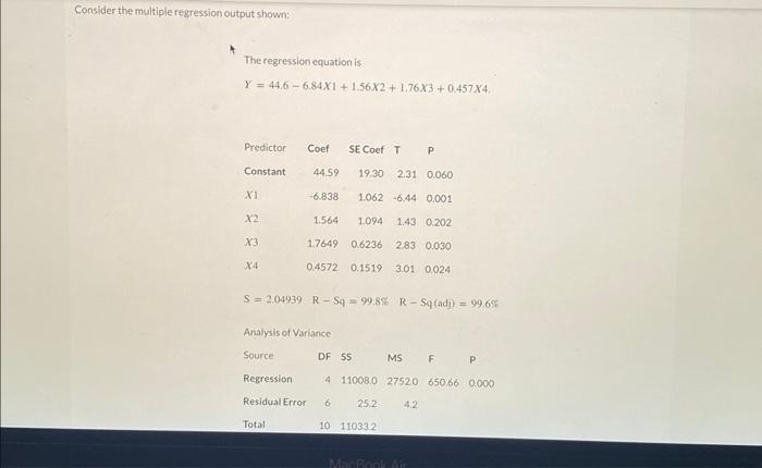 Consider The Multiple Regression Output Shown The 