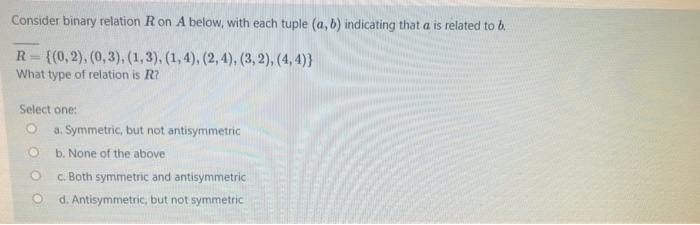 Solved Consider binary relation Ron A below, with each tuple | Chegg.com