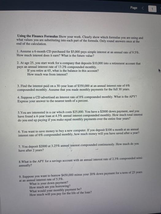 Solved Using the Finance Formulas Show your work. Clearly | Chegg.com