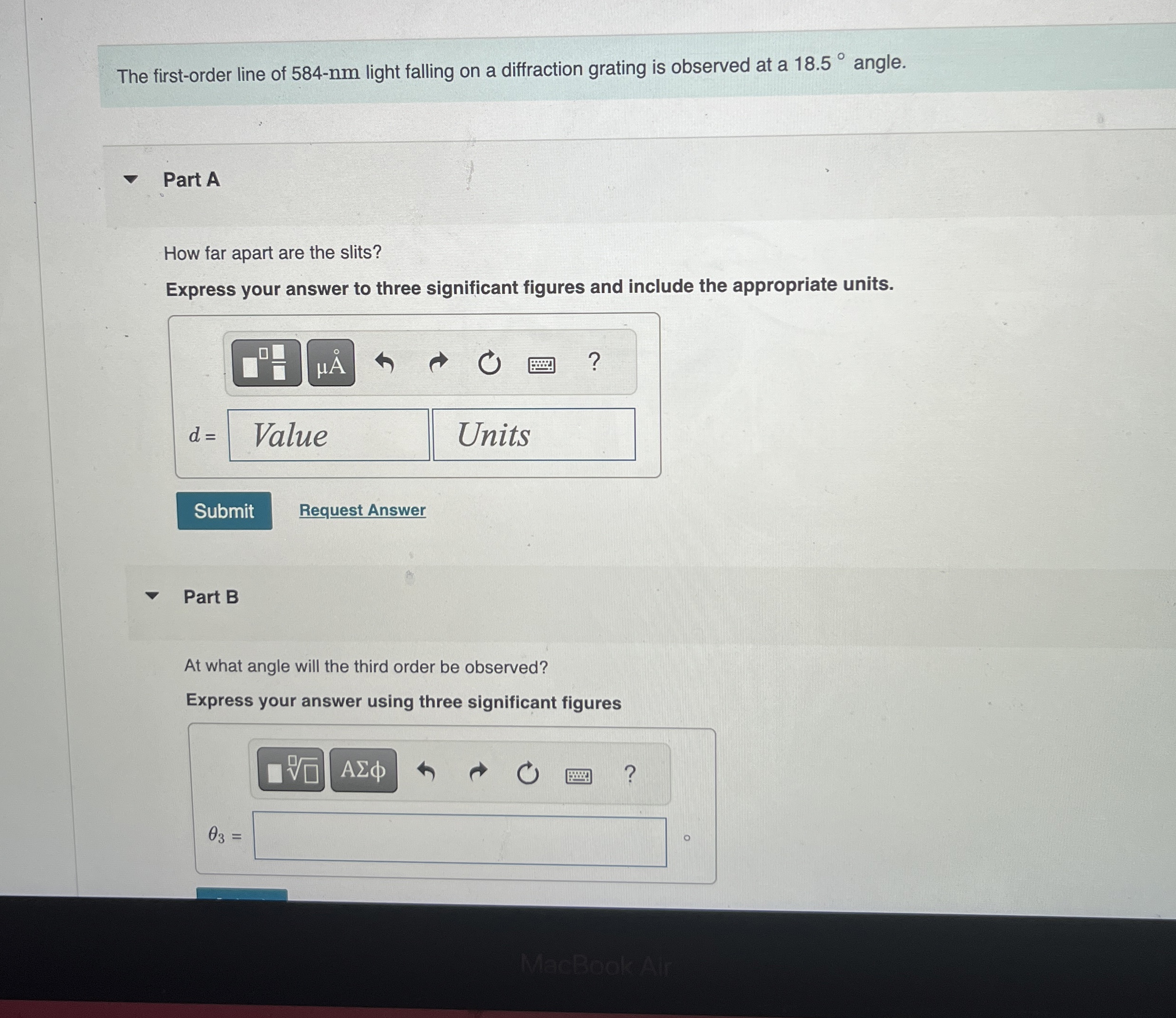 Solved The first-order line of 584-nm light falling on a | Chegg.com