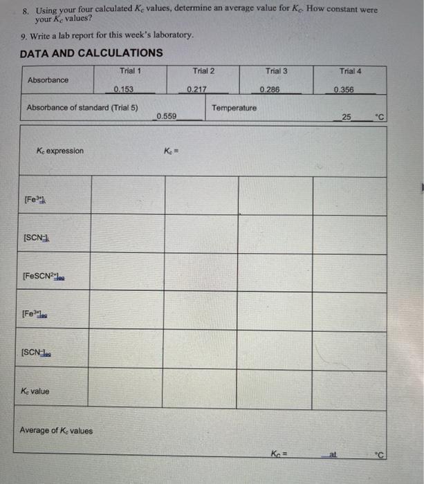 8. Using your four calculated K, values, determine an | Chegg.com